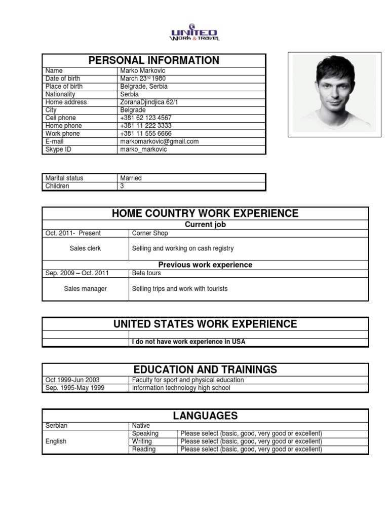 H2B Visa Resume Example for Marko Markovic | PDF