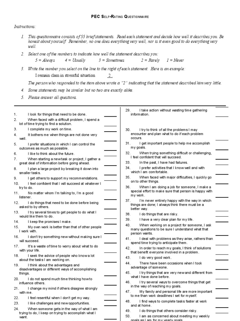 PEC Questionnaire and Score Sheet | PDF | Questionnaire | Behavioural ...