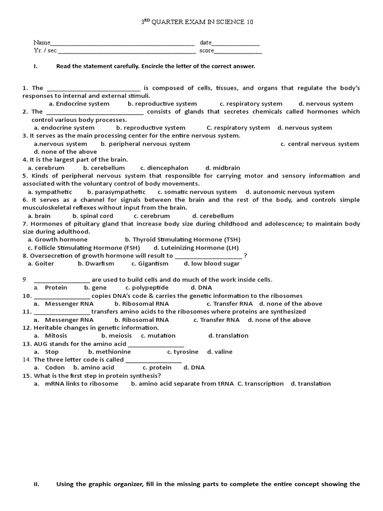 Exam in Science 10 For 3rd Quarterxam For SY. 2019-2020 | PDF ...