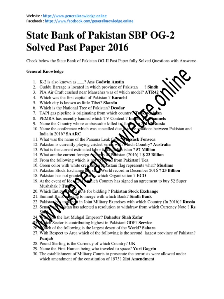 SBP OG-2 Exam Solved Paper 2016 | PDF | Pakistan | Economies