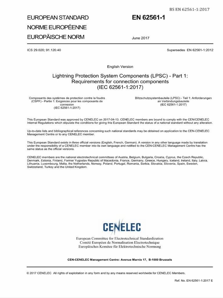 BS EN 62561 1 2017 Lightning Protection System Components LPSC Part 1 ...