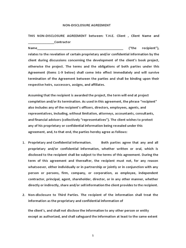 NON-Disclosure Agreement | PDF | Non Disclosure Agreement | Confidentiality