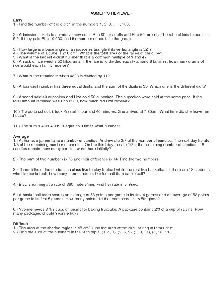 Asmepps Reviewer 1 | Download Free PDF | Area | Numbers