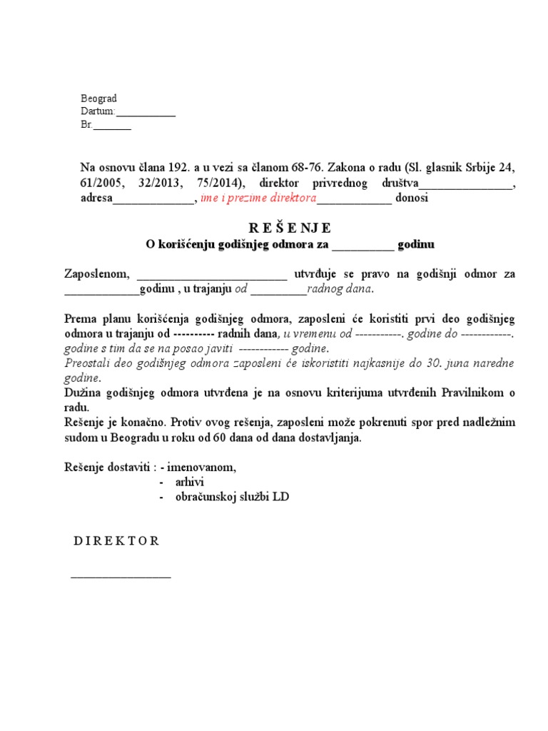 Rešenje GODIŠNJI ODMOR-MODEL | PDF