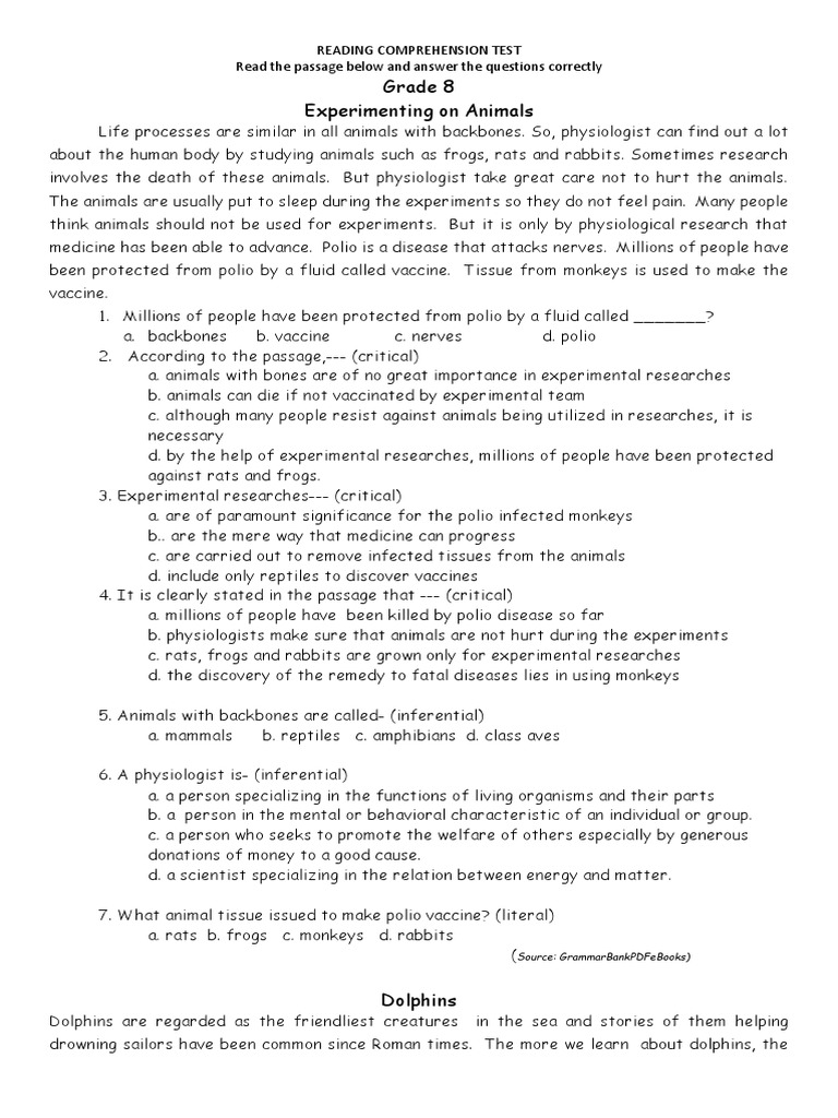 Grade 8 Reading Assessment | PDF | Dolphin | Physiology