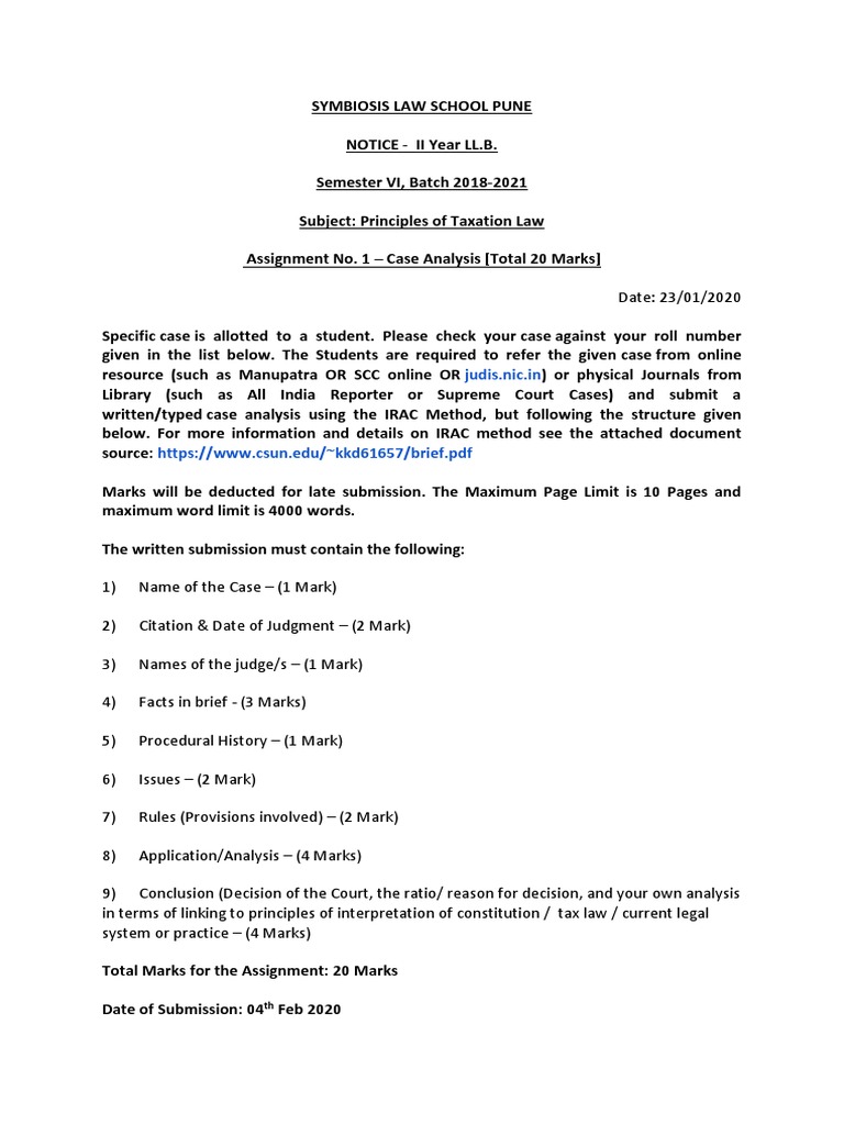 2nd Year LLB - Principles of Taxation - Assignment No. 1 - Case Analysis | PDF | Judgment (Law ...