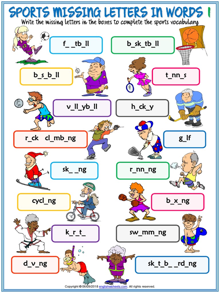 Sports Vocabulary Esl Missing Letters in Words Worksheets For Kids ...