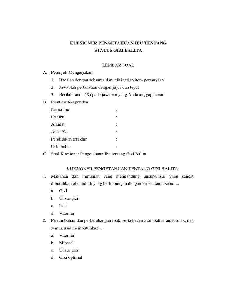 Kuesioner Pengetahuan Ibu Tentang | PDF