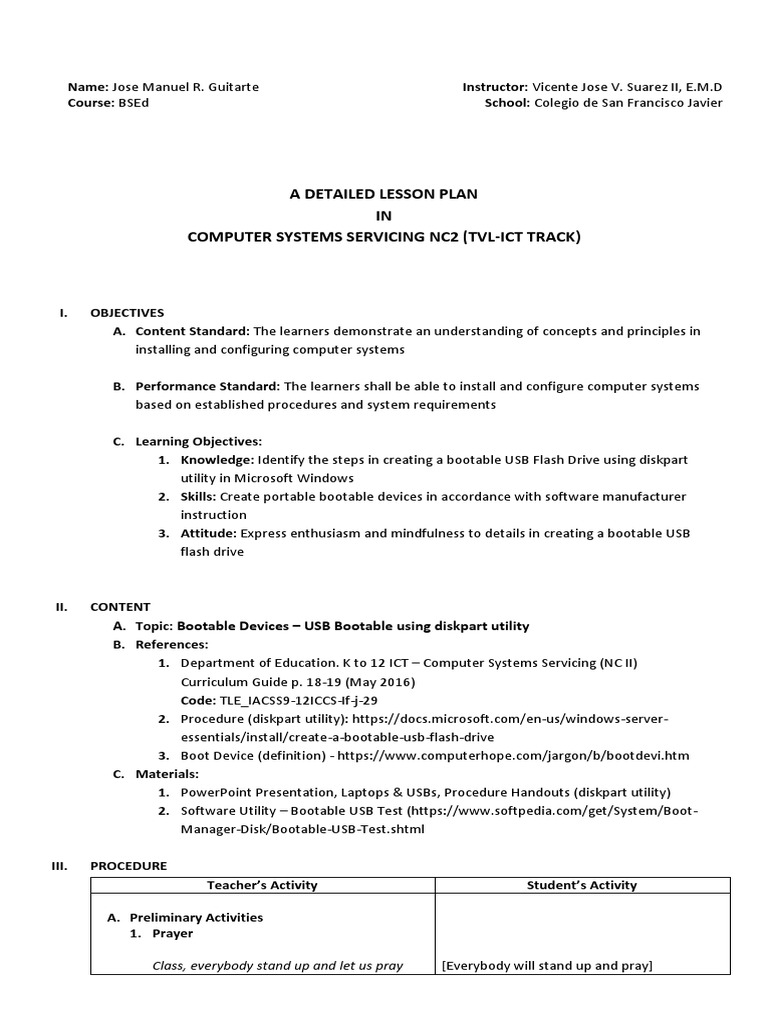A Detailed Lesson Plan in Computer Systems Servicing NC 2 TVL-ICT | PDF | Usb Flash Drive | Booting