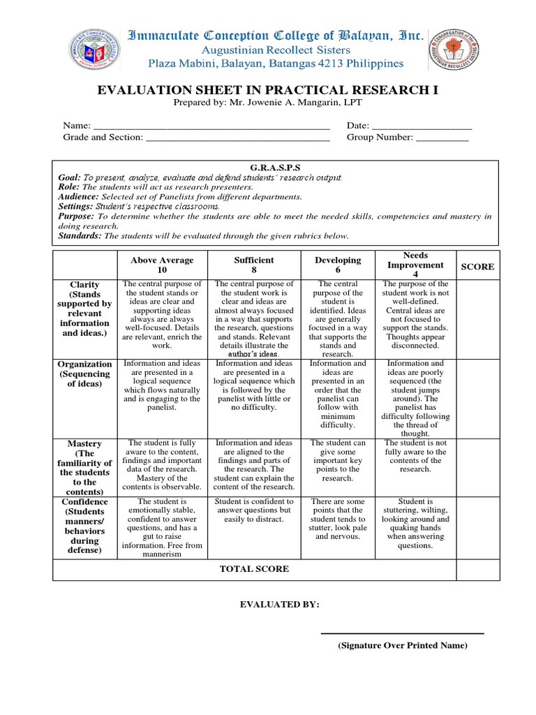 Individual Evaluation Sheet PR1 | PDF | Rubric (Academic) | Information