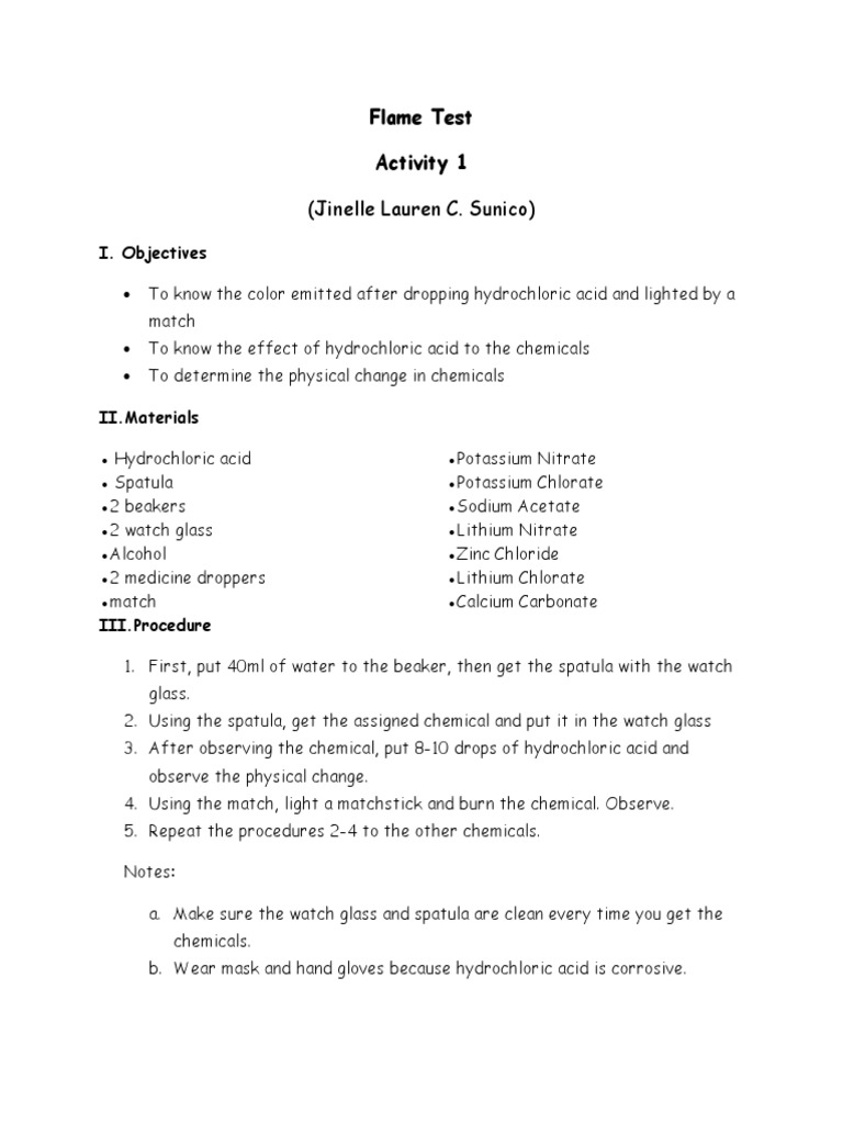 Flame Test | PDF | Potassium Chloride | Hydrochloric Acid