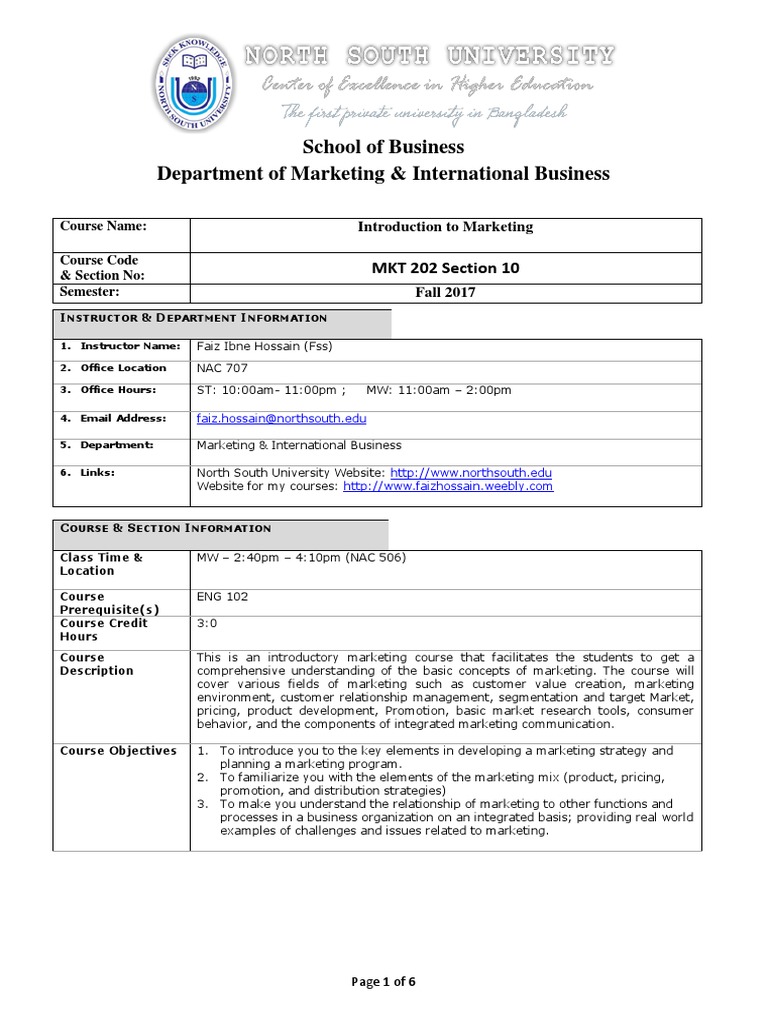 MKT - 202 - Course - Outline - Fall - 17 (1) FSS NSU | PDF | Special ...