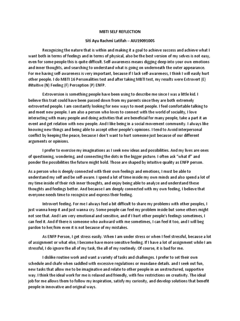 16personalities Self-Reflection | PDF | Self Awareness | Feeling