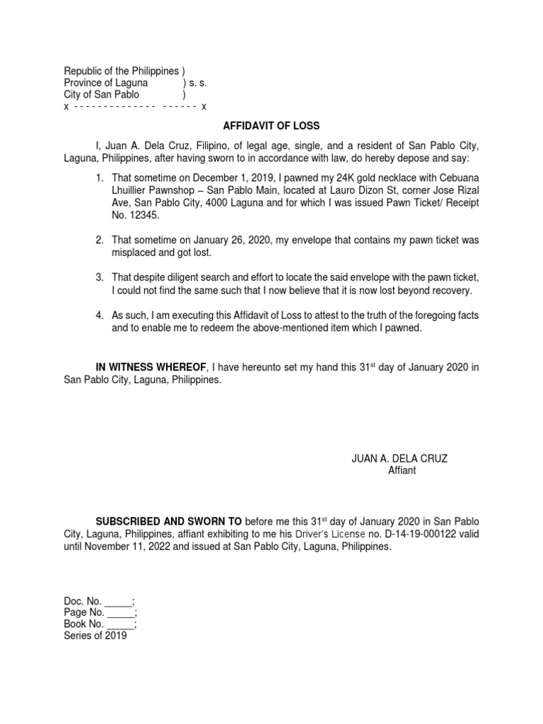 Affidavit of Loss for Pawn Ticket | PDF