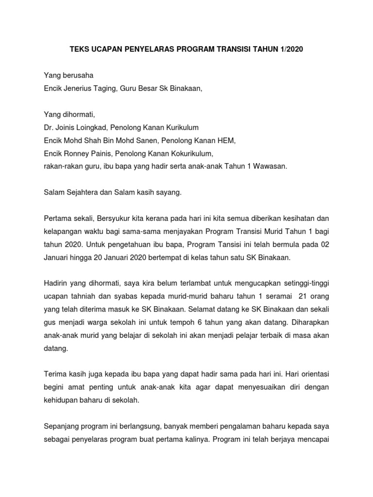 Teks Ucapan Penyelaras Program Transisi Tahun 1 | PDF | Kesehatan Holistik