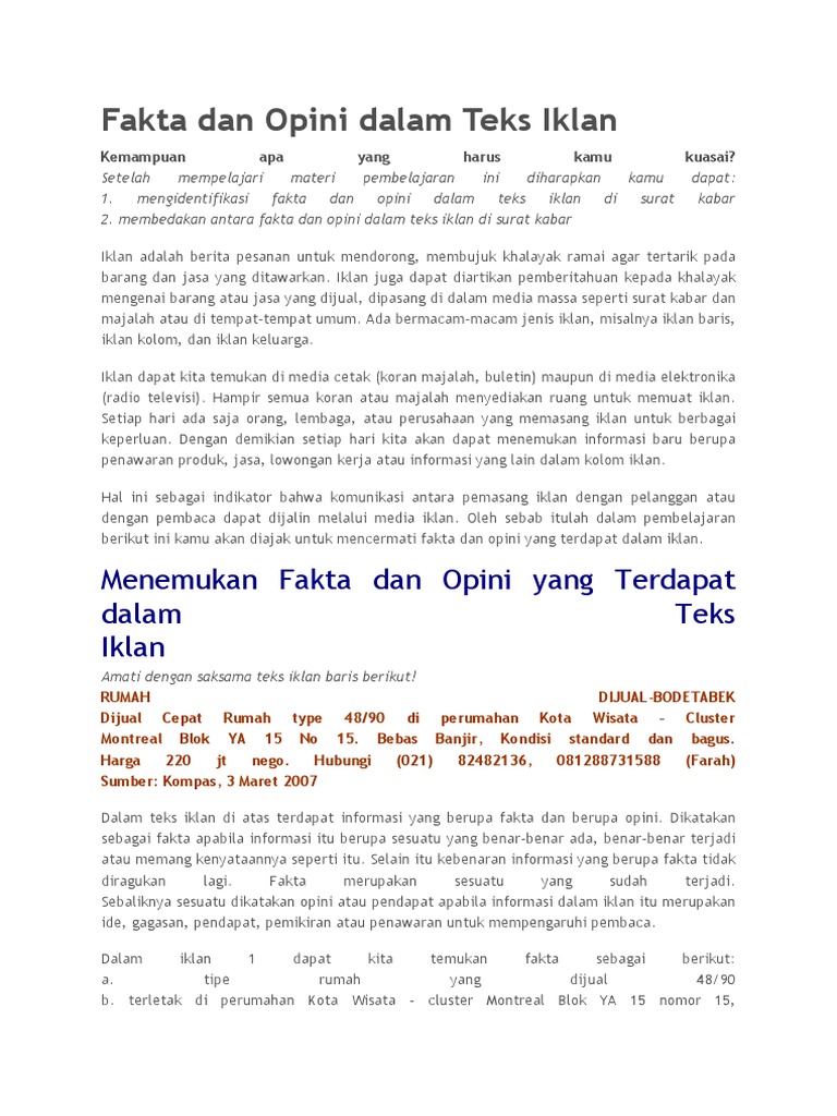 Fakta dan Opini dalam Iklan | PDF
