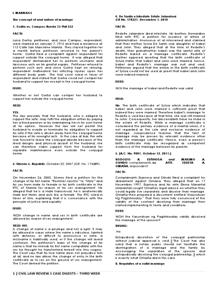 Family Code Case Digests (Marriage) | PDF | Divorce | Marriage
