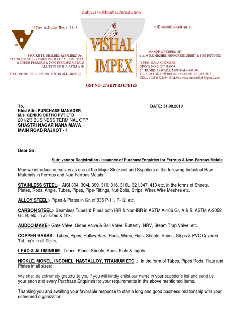 Vishal Impex Intorduction Letter | PDF | Pipe (Fluid Conveyance) | Plumbing