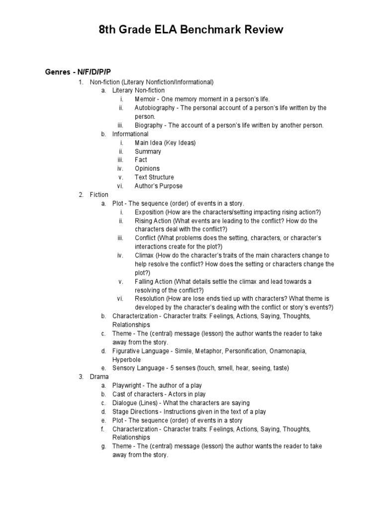 Revised 8th Grade Ela Benchmark Review Sheet | PDF | Narration | Plot ...