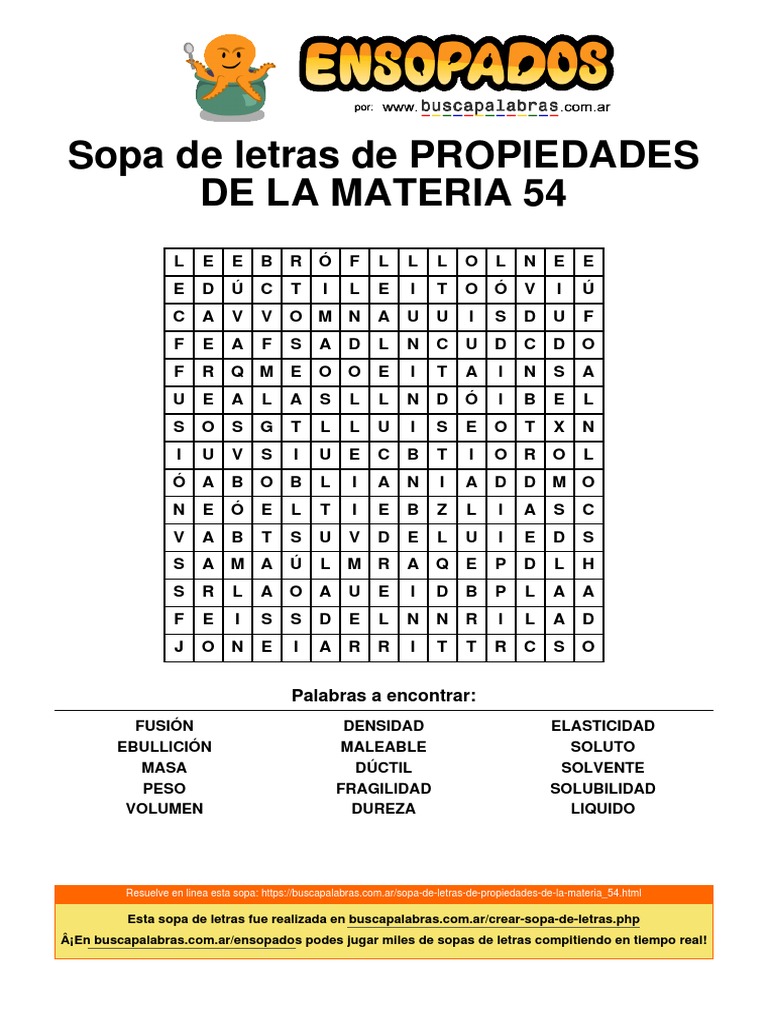 Sopa de letras: Propiedades de la materia | PDF | Sustancias químicas ...