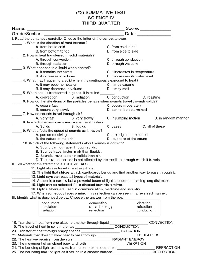 Grade 4 Science Summative Test Q3 | PDF | Reflection (Physics) | Heat ...