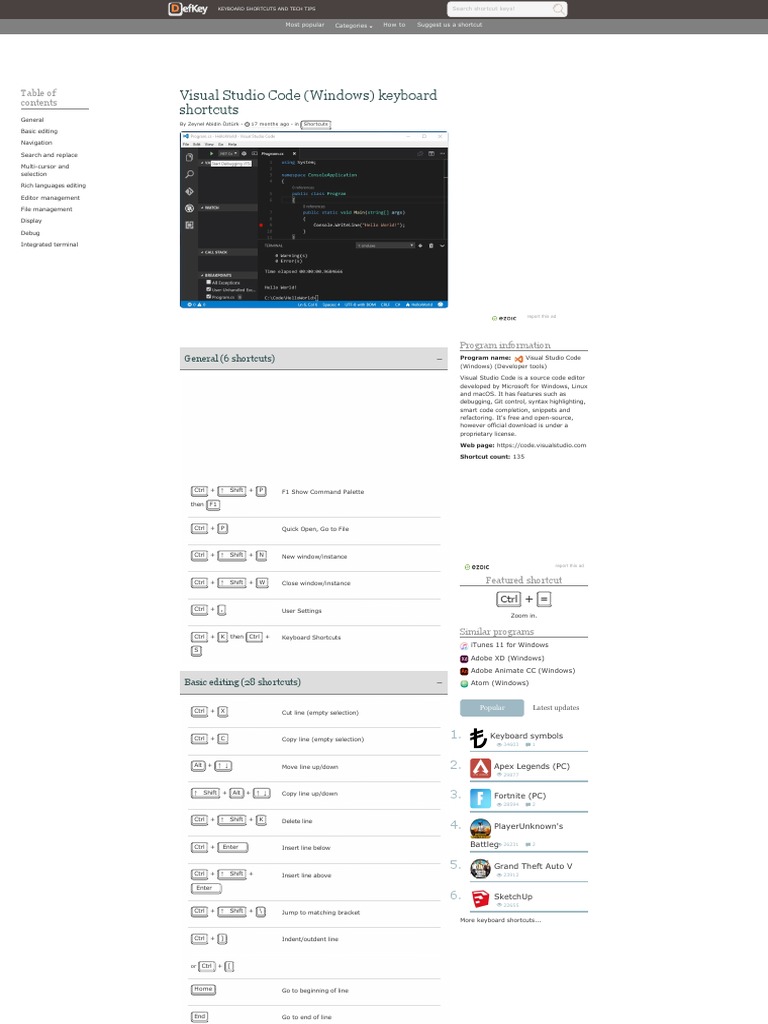 Visual Studio Code (Windows) Keyboard Shortcuts Defkey | PDF | Keyboard ...