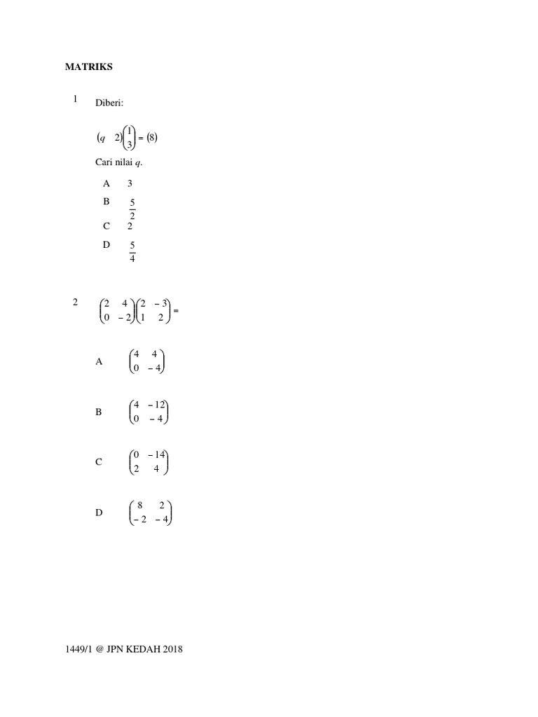 Latihan Matriks Tingkatan 5 | PDF