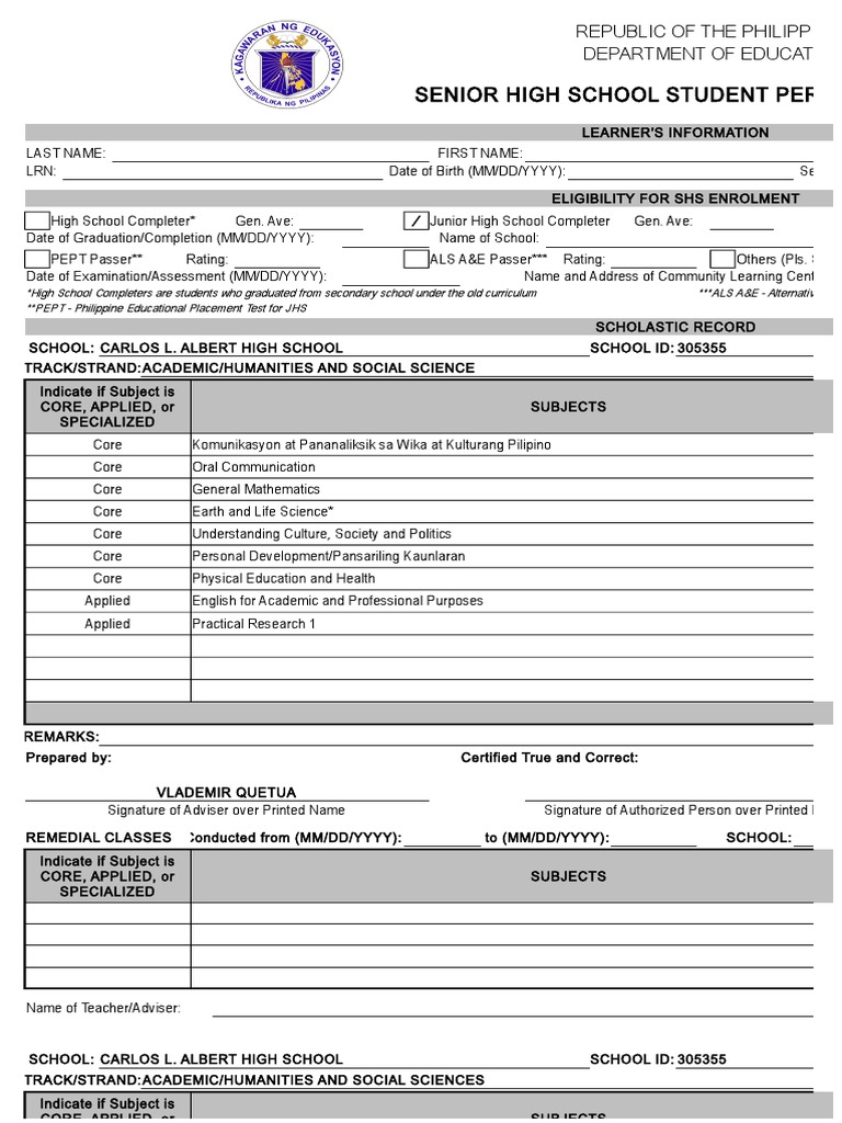 School-Form-10-SF10-SHS-Student-Permanent-Record (hUMSS) | PDF ...