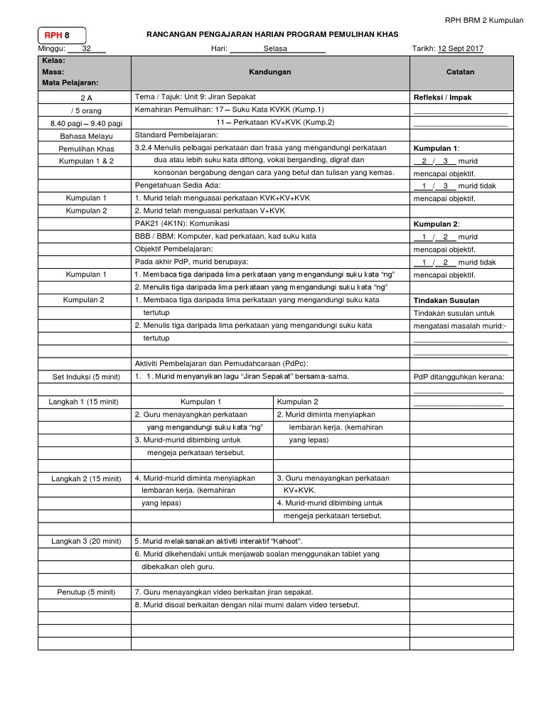RPH 8 Contoh Penulisan BRM - 2 Kumpulan B Melayu 0606SS19 | PDF