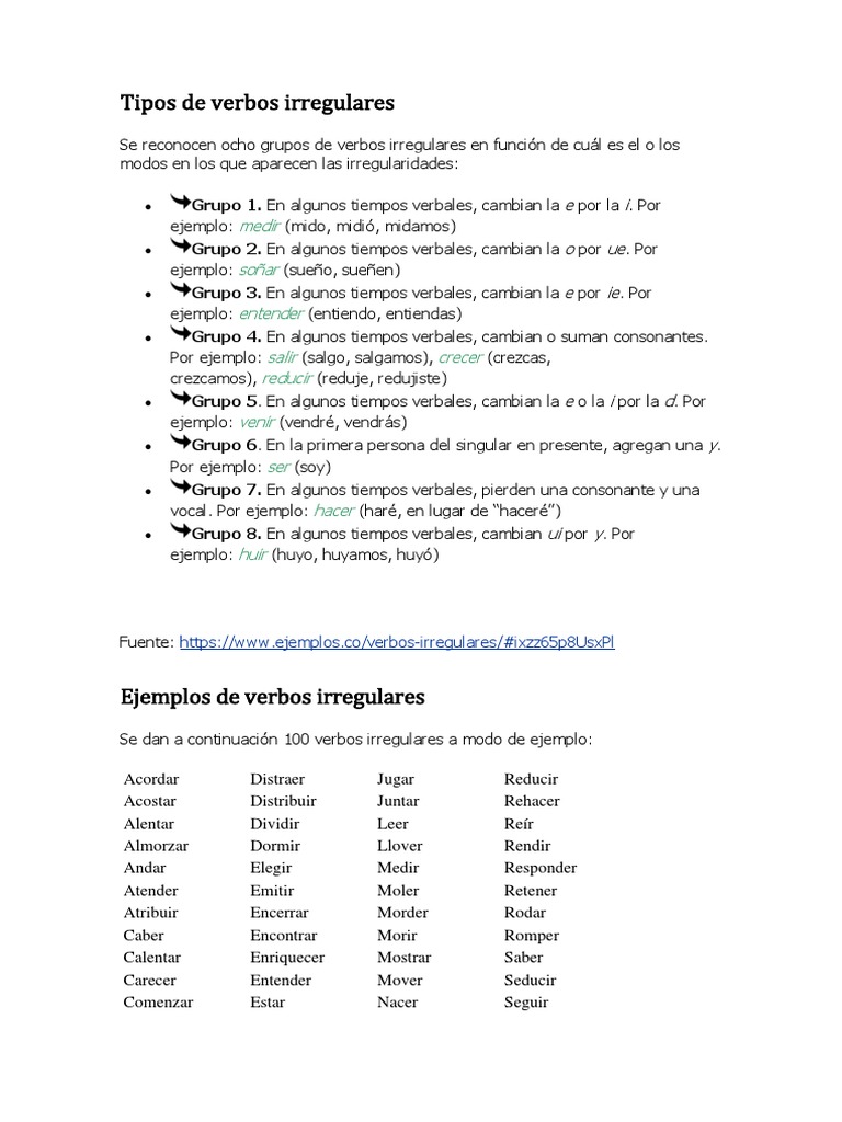 Hoja De Trabajo De Verbos Irregulares En Formato Pdf