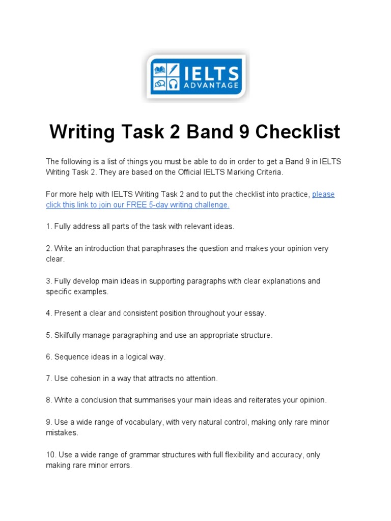Writing Task 2 Band 9 Checklist PDF | PDF
