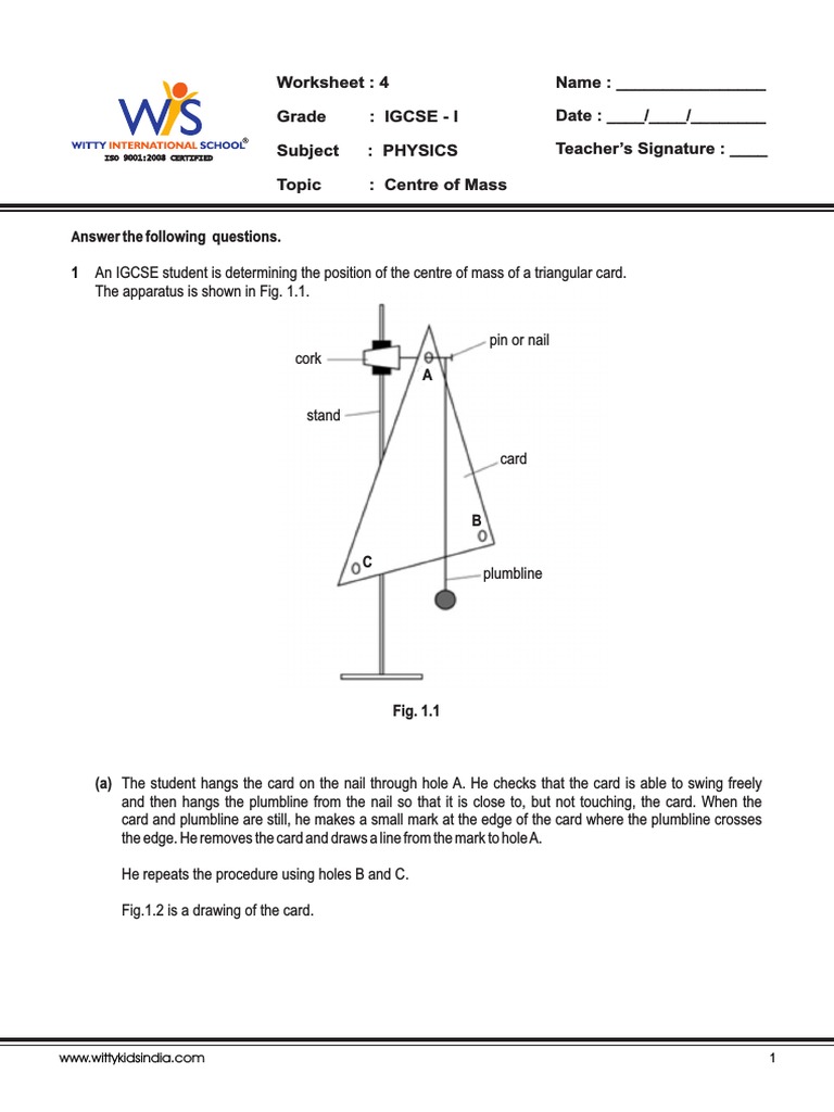 Worksheet 4 IG I Physics (1) Centre of Mass | PDF | Physics | Nature
