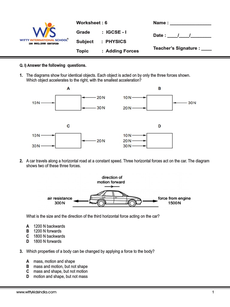 Worksheet 6 IG I Physics (1) Adding Forces | PDF | Acceleration | Force