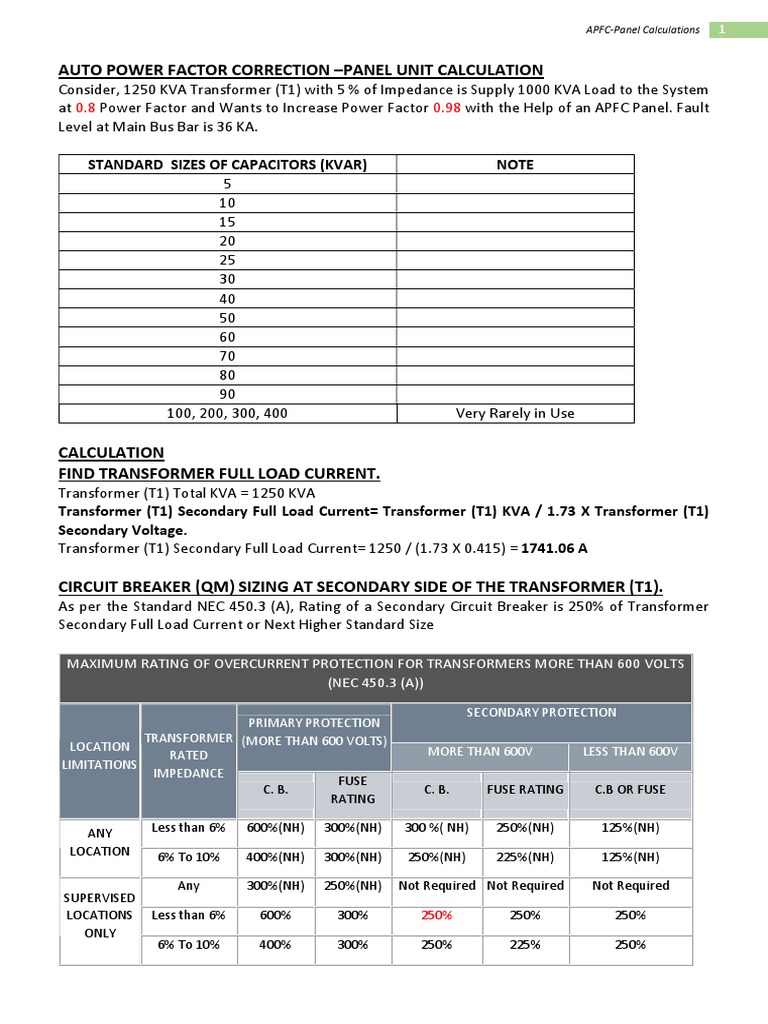 APFC-Panel Calculations | PDF | Capacitor | Fuse (Electrical)
