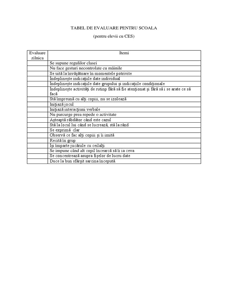 Tabel de Evaluare Pentru Scoala CES | PDF