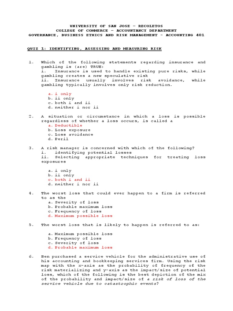 QUIZ 1 Risk Answers PDF | PDF | Risk Management | Risk