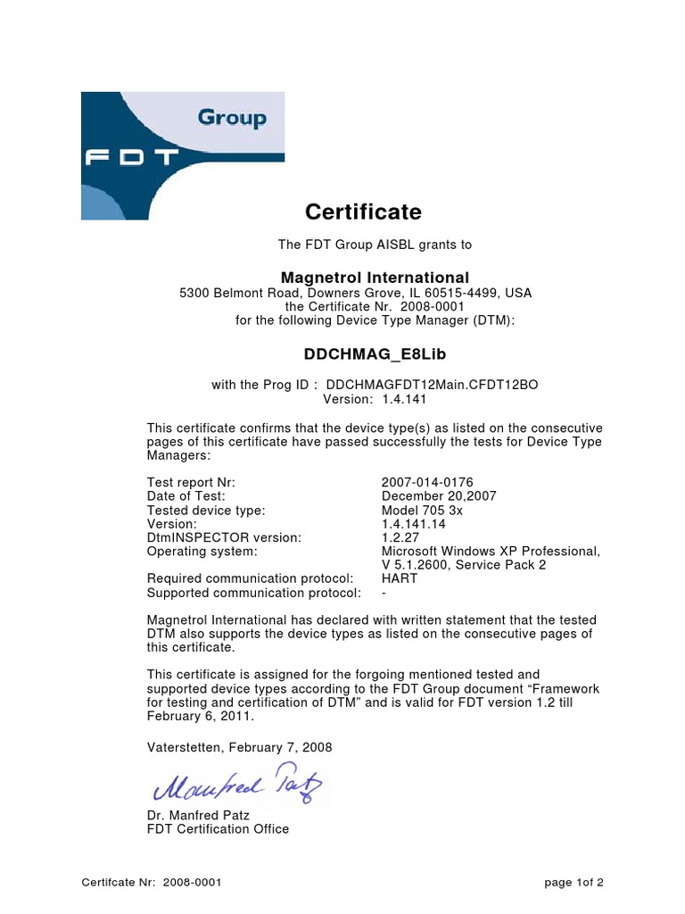 HART DTM Library Certificate | PDF
