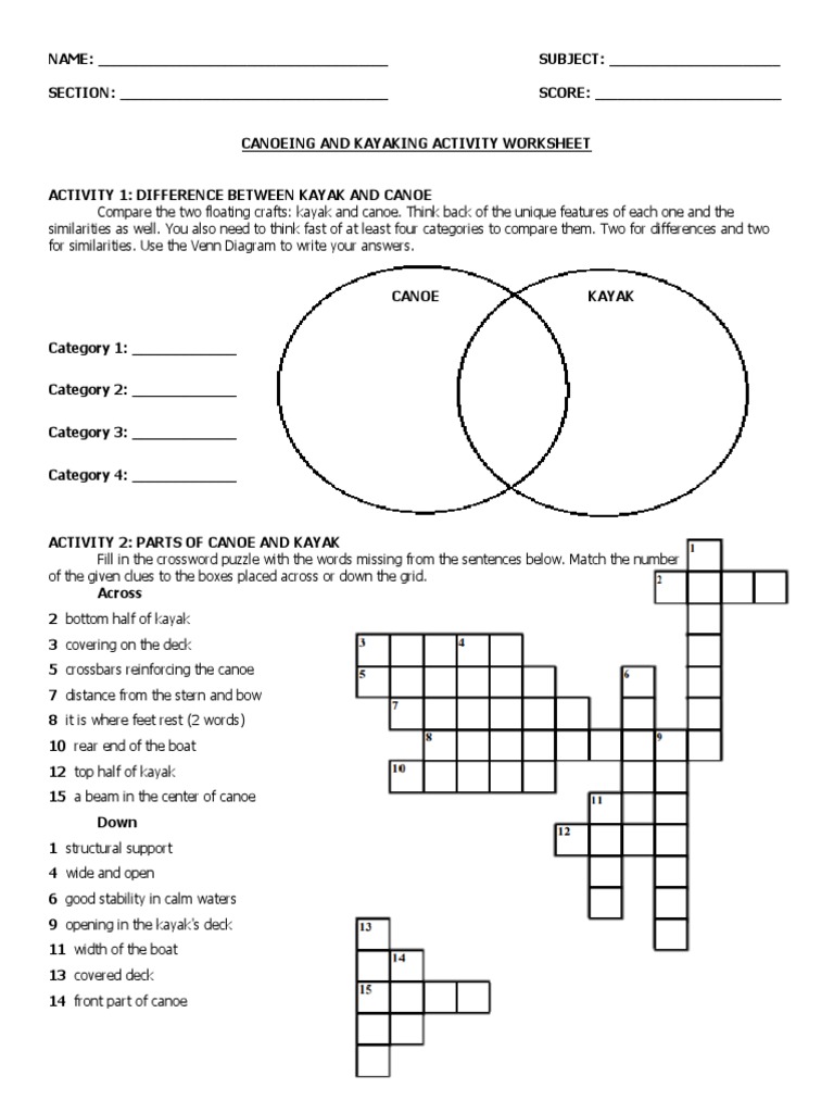 Canoeing and Kayaking Activity Worksheet | PDF