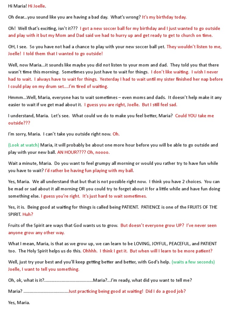 Patience Puppet Show Script | PDF | Fruit Of The Holy Spirit | Patience