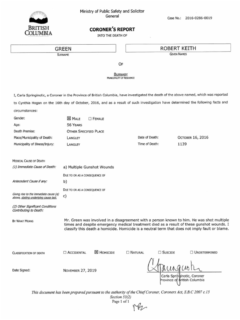 Coroner's Report For Bob Green | PDF