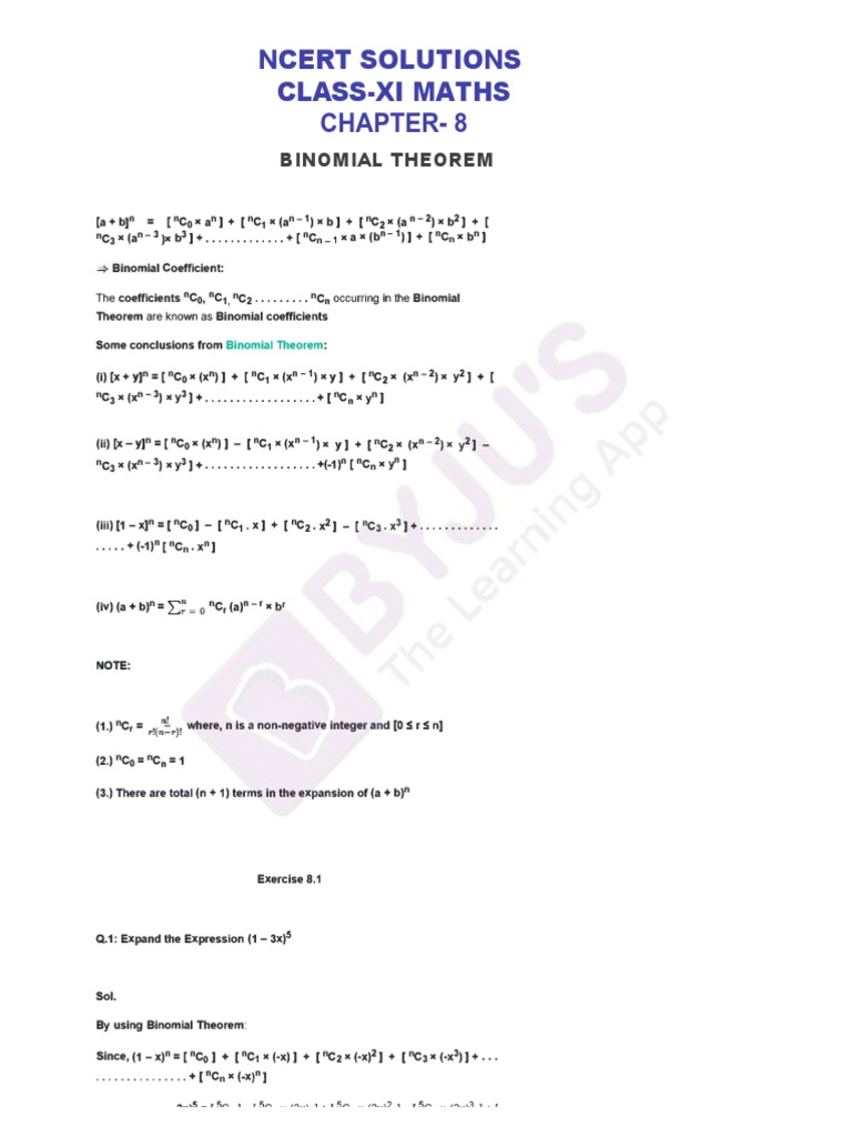 Ncert Solutions Class 11 Maths Chapter 8 Binomial Theorem | PDF | Combinatorics | Algebra