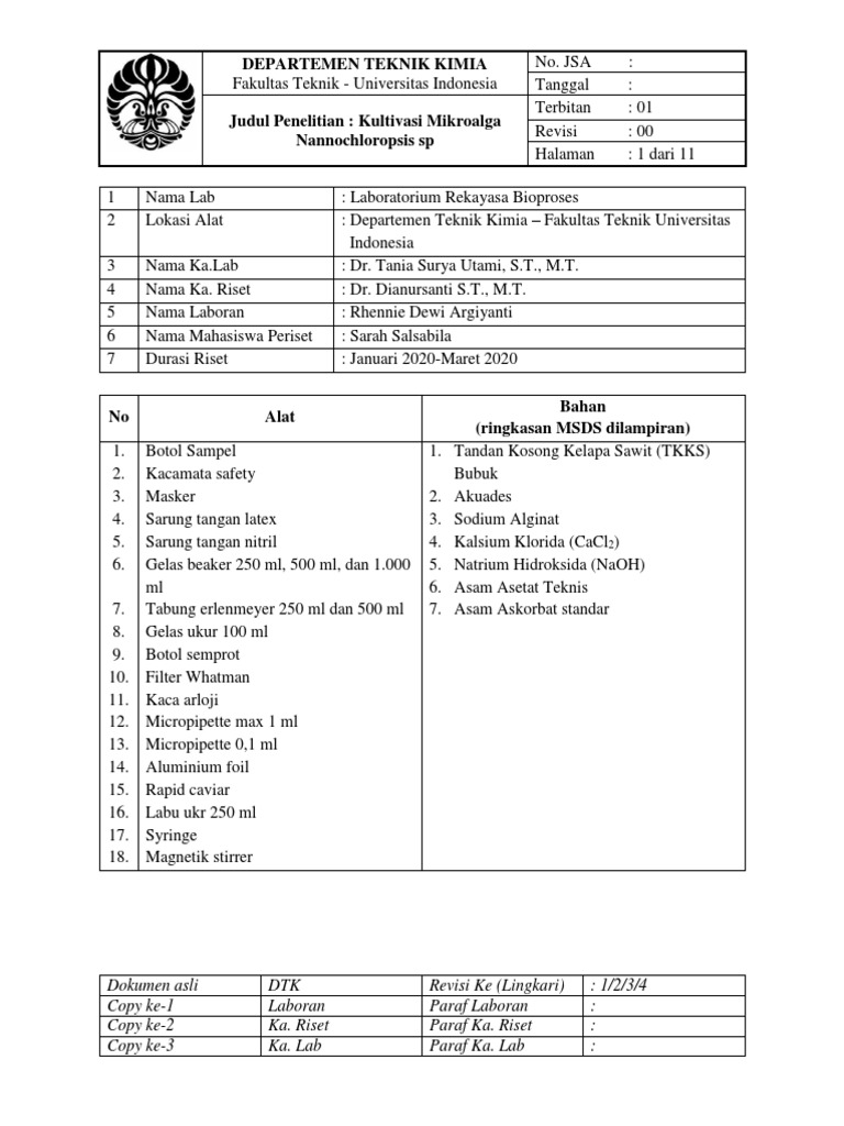 Formulir JSA - Kultivasi Alga - Sarah Salsabila | PDF