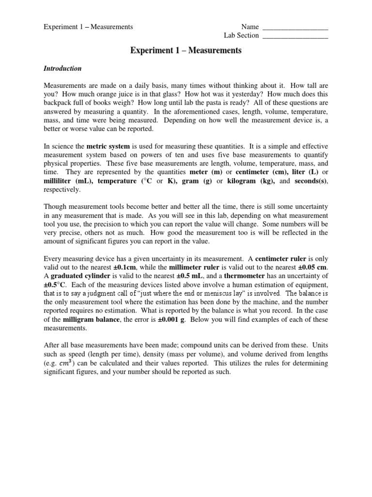 Experiment 1 - Measurements | PDF | Significant Figures | Measurement