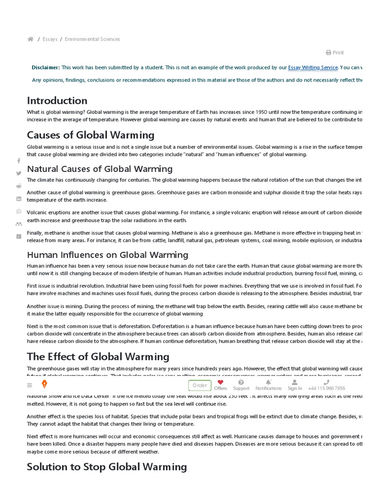 Causes, Effects and Solutions To Global Warming Essay | PDF | Global ...