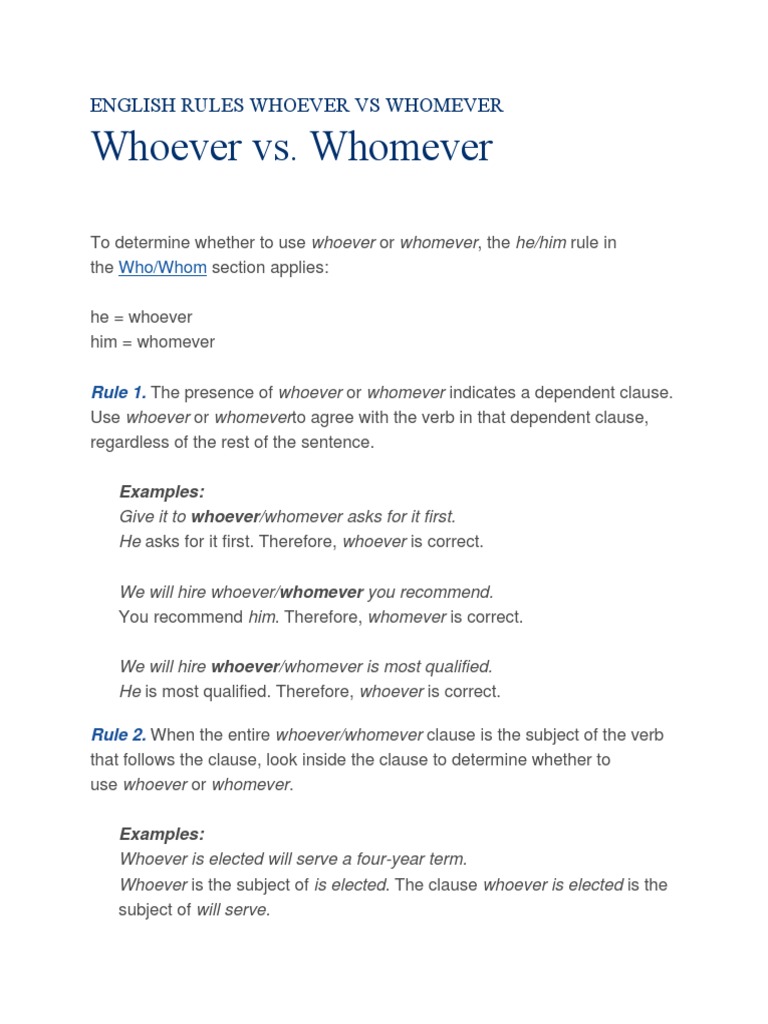 English Rules Whoever VS Whomever | PDF | Clause | Subject (Grammar) English Rules Whoever VS Whomever | PDF | Clause | Subject (Grammar)