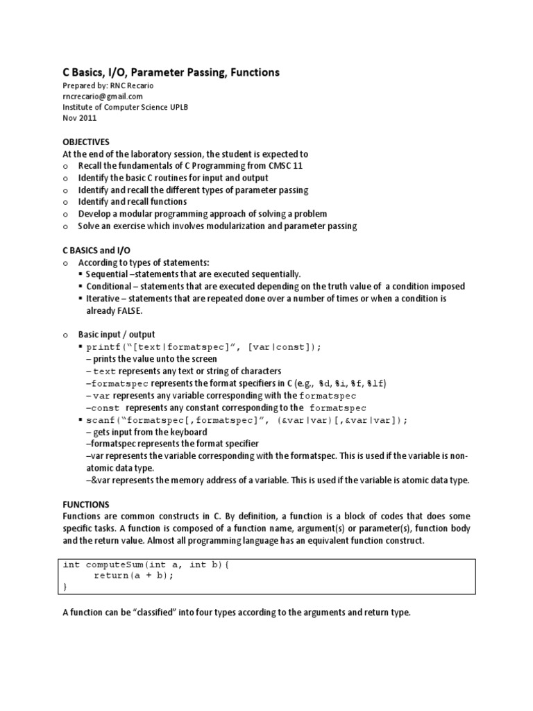CMSC21 Recario LabWk1 CBasics | PDF | Parameter (Computer Programming) | Subroutine