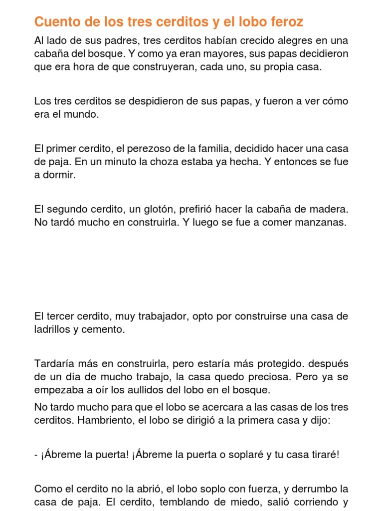 Cuento de Los Tres Cerditos y El Lobo Feroz | PDF | Violencia | Ocio