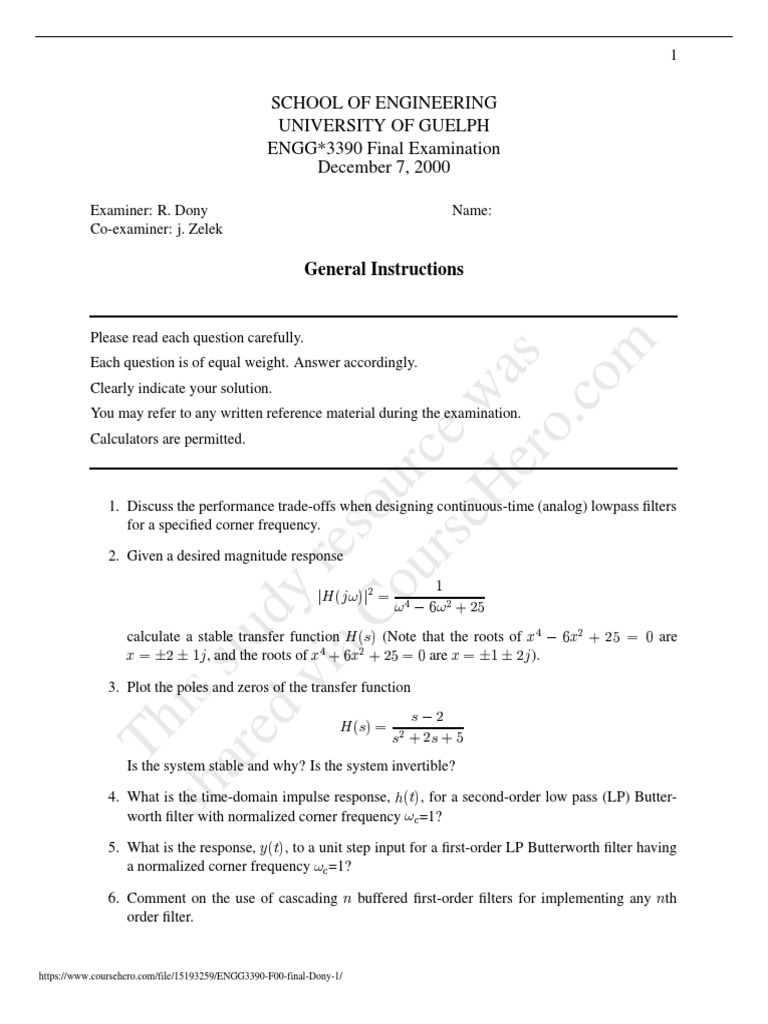 Engineering Exam Questions on Filter Design and Analysis | PDF ...