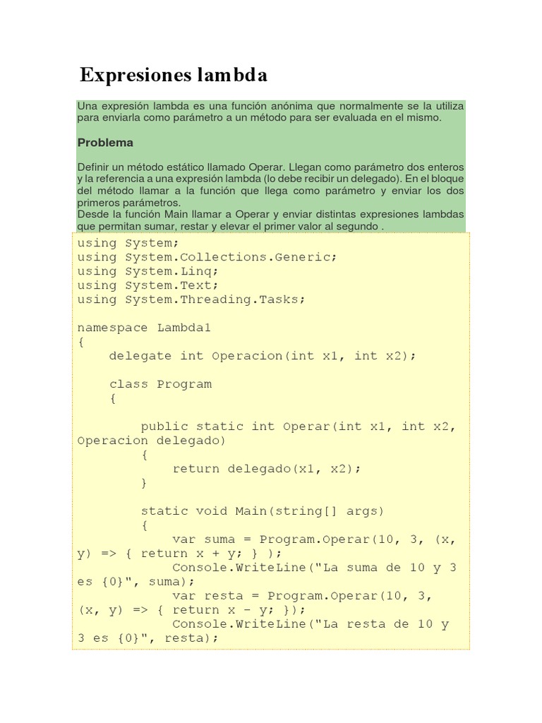 Expresiones Lambda | PDF | Consulta integrada de idiomas | Función anónima