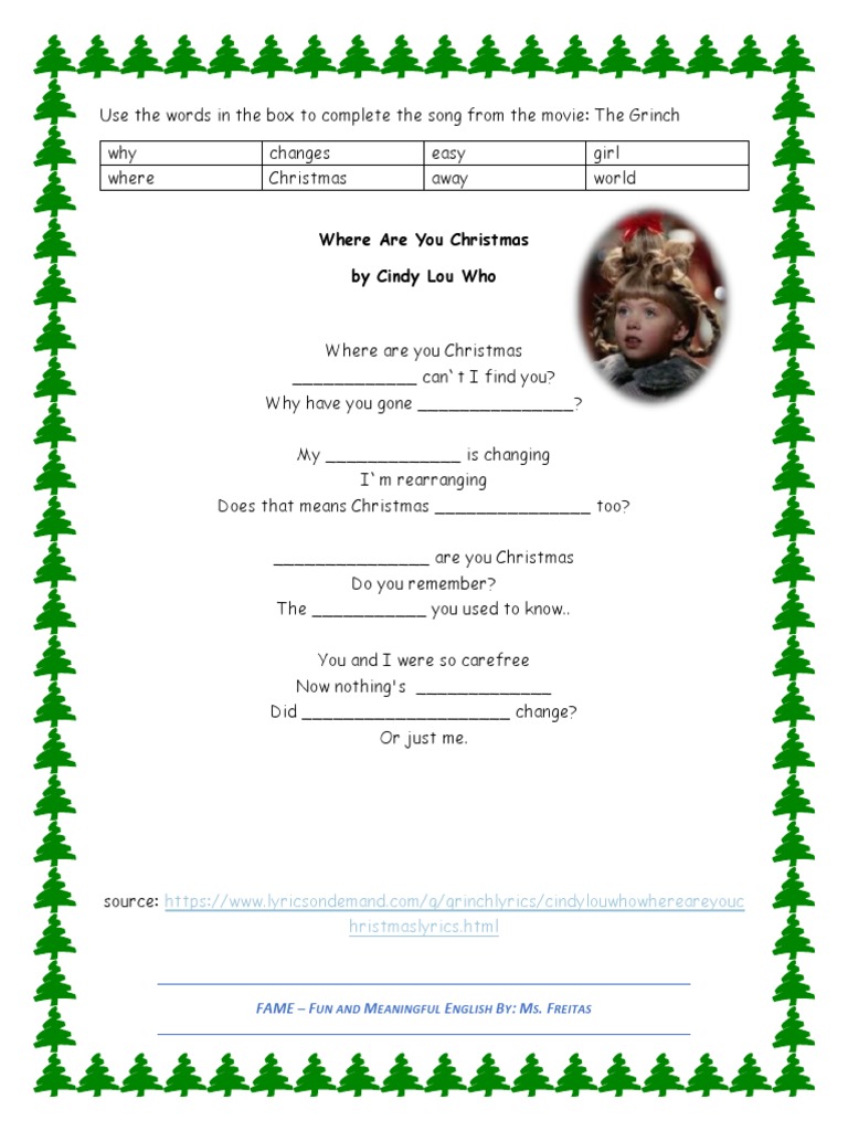 Where Are You Christmas Lyrics Worksheet | PDF
